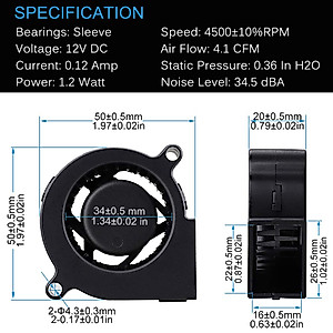 GDSTIME 50mm Turbo Cooling Fan, 12v Blower Fan, 50mm x 20mm DC Brushless Blower Fan Diagonal Hole Distance 57MM