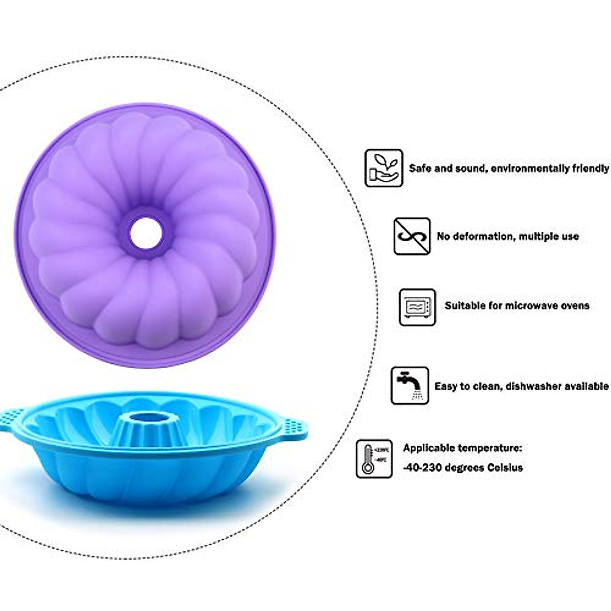 AILEHOPY Silicone Bundt Cake Pan - 8-10Inch Round Fluted Tube Cake Baking Molds，Non-stick Food Grade Silicone Mold For Gelatin, Bread, Jello, Chiffon, 2Pack