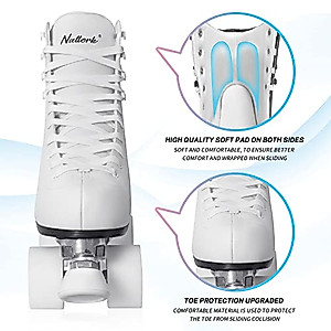Nattork Roller Skates for Women and Girls, PU Leather High-top Quad Skates for Beginner, Indoor Outdoor Double-Row Skates for Adults - White
