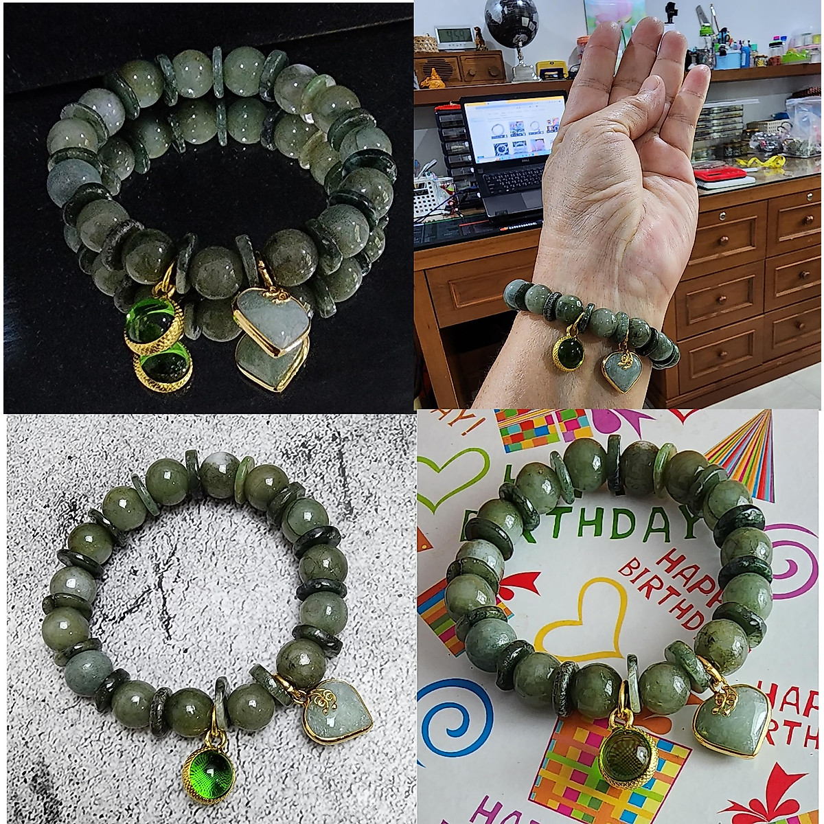 10.80 mm. Jade Bracelets for Women Genuine Green Colors Bangle Energy Gems Jadeite Charms with Pendant Naga Eye Green Crystal and Heart Bring Money Wealth