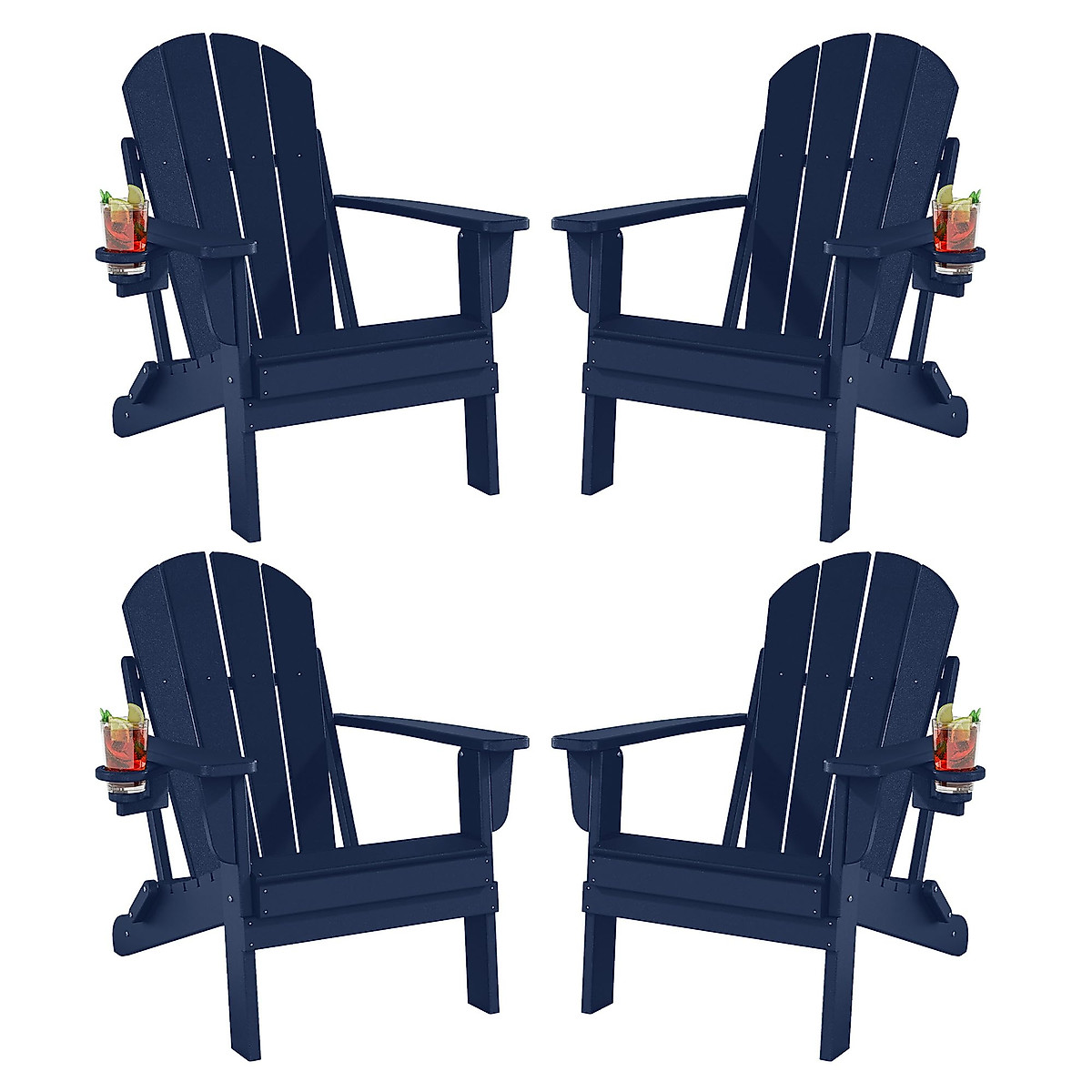 Adiromoti Folding Adirondack Chairs Set of 4, All-Weather Resistant HDPE Patio Firepit Chairs, Sturdy Outside Chairs with Cup Holder, Lawn Chairs, 80% Pre-Installed Load Capacity 385lb, Navy Blue