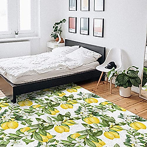 Rustic Spring Lemon with Leaves Filling Area Rug for Bed Room, 3' x 5' Indoor Accent Rugs Non-Skid Kitchen Runner, Yellow Summer Floral Bathroom Rugs Modern Floor Mats Washable Throw Carpet
