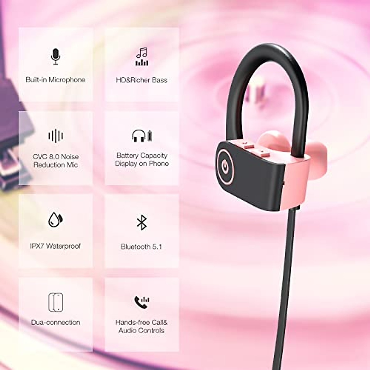 Bluetooth Headphones Wireless Earbuds Bluetooth 5.1 Running Headphones IPX7 Waterproof Earphones with 10 Hrs Playtime HiFi Stereo Noise Cancelling Headsets for Workout Gym