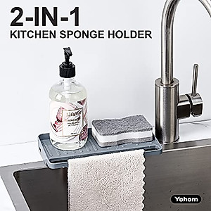 YOHOM Suction Cup Sponge Holder for Kitchen 2-in-1 in Sink Dish Rag Holder for Undermount Sink Plastic Scrubber Sponge Tray Organizer, Installation Size 9.06" L x 3.15" W
