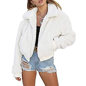 AKEWEI Women Thick Fuzzy Jacket Casual Trendy Zip Up Faux Shearling Outwear with Pockets White XX-Large