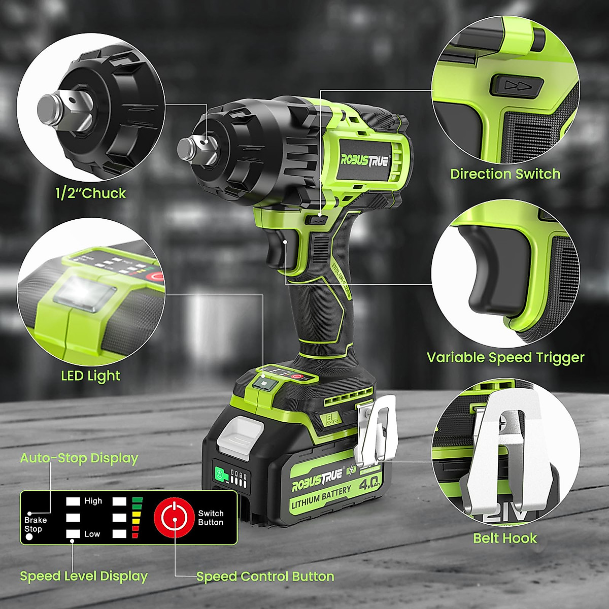 Robustrue 1000N.m(740ft-lbs) Cordless Impact Wrench, High Torque Brushless 1/2 Impact Gun, 2 x4.0Ah Battery 21V Max, Fast Charger, 4 Sockets, Pistola De Impacto for Home Car Tires Truck Mover