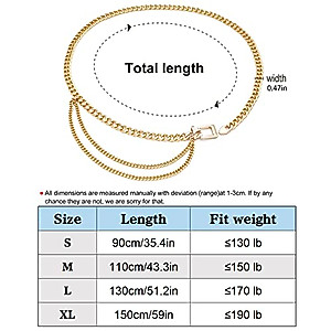 Suyi Chain Belt for Women Girls Gold Metal Waist Chain Multilayer Chunky Chain Belts for Dress Plus Size 130CM Gold