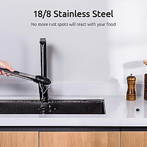 Kitchen Tongs, U-Taste 7/9/12 inches Cooking Tongs, with 600ºF High Heat-Resistant Non-Stick Silicone Tips, 18/8 Stainless Steel Handle, for Food Grill, Salad, BBQ, Frying, Serving, Pack of 3(Black)