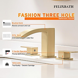 FELIXBATH Waterfall Bathroom Sink Faucet, 3 Holes Two Handles Bathroom Faucet with Pop Up Drain and 2 Water Supply Lines, 8 inch Widespread Bathroom Sink Faucet Brushed Gold