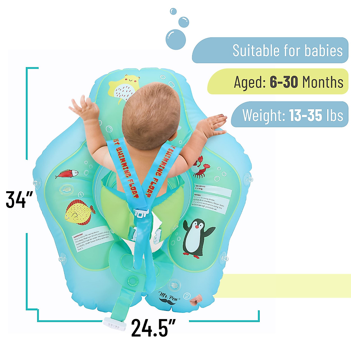 Mr. Pen- Inflatable Baby Swim Float, for Ages 6-30 Months, Blue, Waist Ring Inflatable Baby Pool Float, Infant Swim Float, Baby Pool Toys, Infant Floats for Pool, Baby Swimming Float