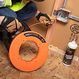 Klein Tools 56380 Non-Conductive Electrical Fish Tape, Multi-Groove Fiberglass Wire Puller with Steel Leader, 100-Foot x 3/16-Inch