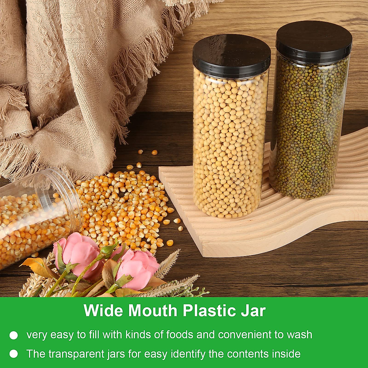 LISHINE 8 Pack 32 oz Plastic Jars with Lids Clear Airtight Food Storage Jars with Lids Reusable Round Empty Plastic Cylinder Container with Black Lids for Kitchen Food & Home Storage of Cookie