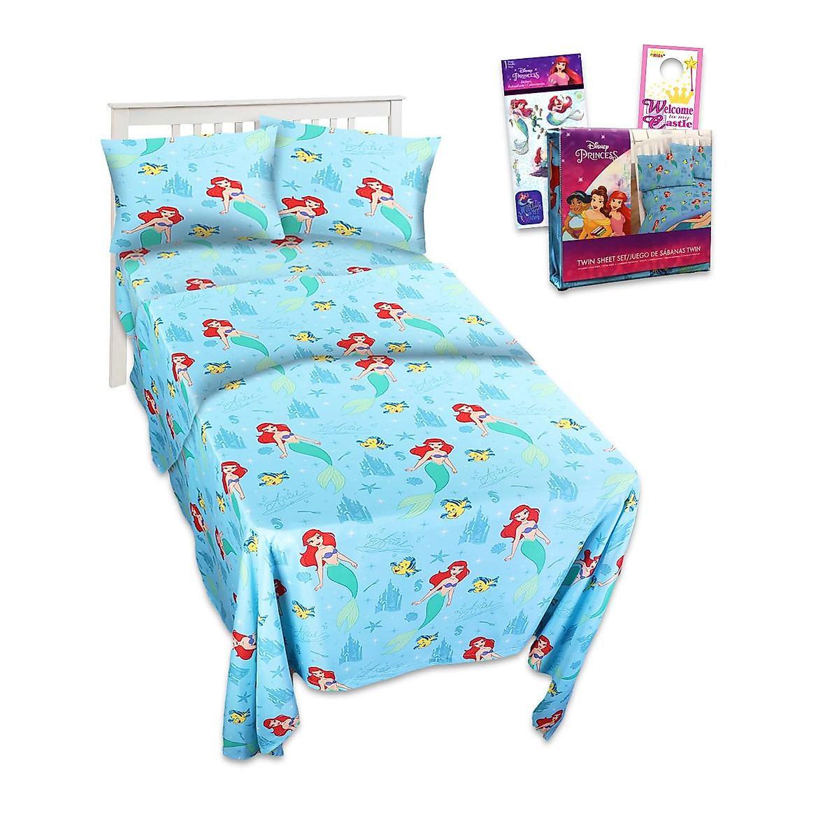 The Little Mermaid Twin Bedding Set for Toddlers - Bundle Includes Ariel Sheets with Flat Sheet, Fitted Sheet, and Pillowcase for Twin Bed Plus Stickers, More | Little Mermaid Bedroom Decor