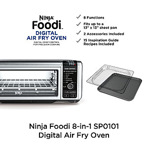 Ninja SP101 Digital Air Fry Countertop Oven with 8-in-1 Functionality, Flip Up & Away Capability for Storage Space, with Air Fry Basket, Wire Rack & Crumb Tray, Silver