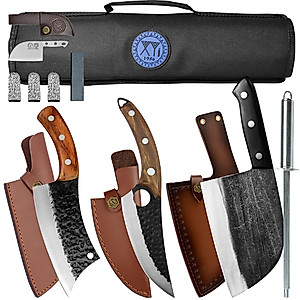 XYJ FULL TANG 6.7 Inch Forging Butcher Knife 6.2 Inch Camping Kitchen Knives 6 Inch Outdoor Boning Knife With Carry Sheath&Chef Knives Bag&Cutlery Gadget Set (Brown)