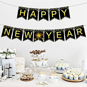 Famoby Black Happy New Year Banner New Year Hanging Bunting for Party Decorations Supplies