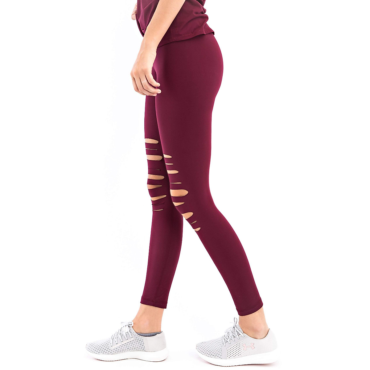 Hype Up Women's High Waisted Ripped Super Buttery Soft Active Wear Full Length Leggings with Inner Pocket (S-3X) Burgundy