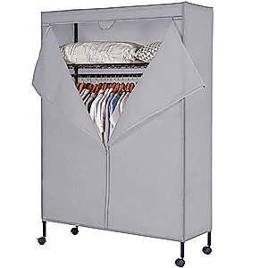 JS HOME Heavy Duty Garment Rack, Free-Standing Rolling Clothes Rack with Fitted Brown Oxford Cover, Extra Large Wardrobe Storage Rack/Organizer