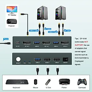 Steetek 2 Port DP USB 3.0 KVM Switch 4K@60Hz, KVM Switch Displayport 2 in 1 Out, KVM Switch for 2 Computer Share 1 Monitor and USB 3.0 Hub, Button Switch, with 2 DP and 2 USB 3.0 Cable