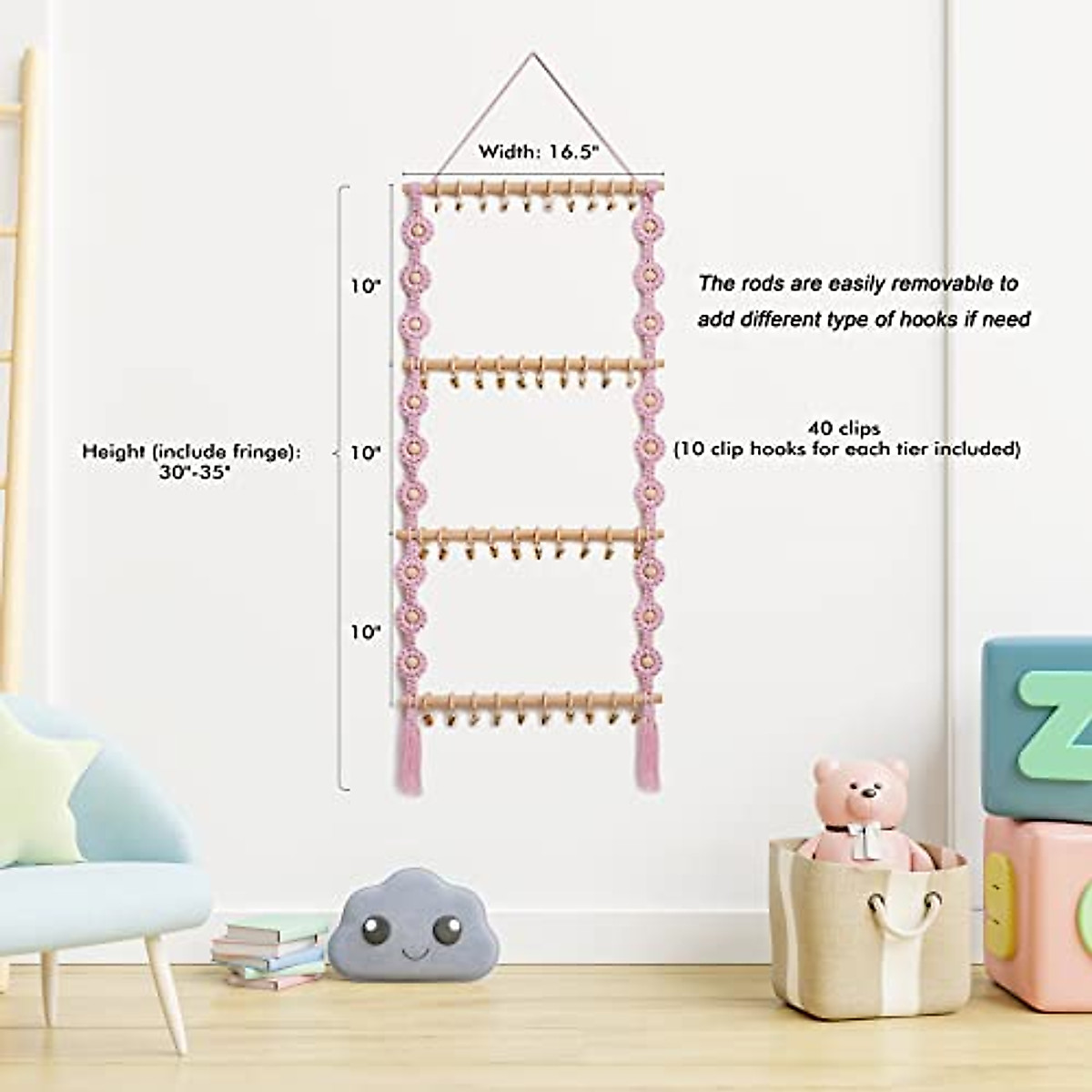 Mokof Headband Holder for Baby Girls, Macrame Daisy Flower Headbands and Bows Rack, Hanging Storage Organizer Newborn Headbands, Bows, Boho Nursery Wall Decor (Pink, 4 Rods, Holds 40 headbands)