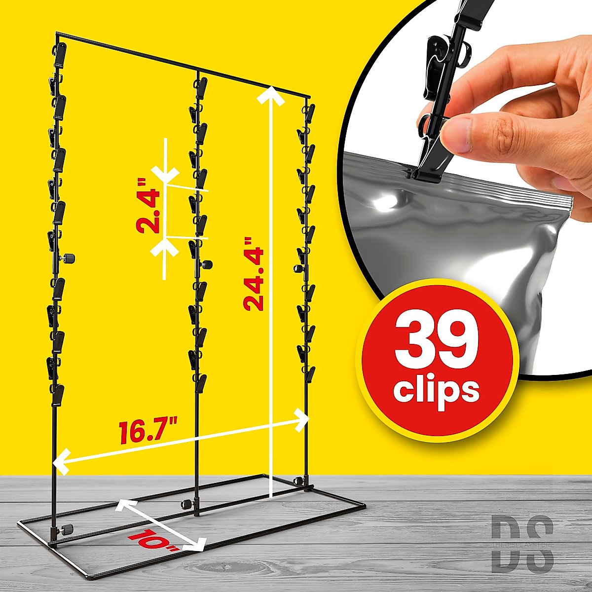 DS THE DISPLAY STORE Black 3-Row Potato Chip Rack Display Stand with 39 Clips, Snack Retail Display Rack, Chip Stand Display for Party, Countertop Chip Bag Holder, Snack Display for Counter