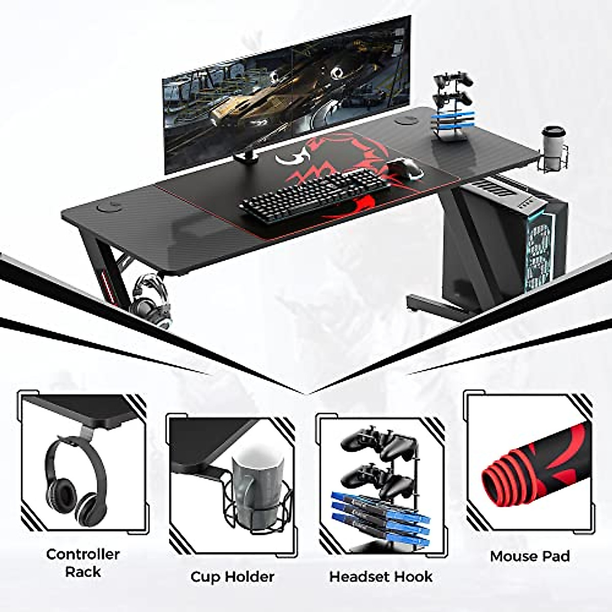 It's_Organized Gaming Desk, 60 Inch Z Shaped Carbon Fiber Surface Desktop PC Computer Gaming Table Gamer Workstation with Free Mouse Pad Cup Holder Headphone Hook Handle Rack, Black