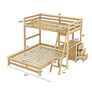 POCIYIHOME Twin Over Full Bunk Bed with Built-in Desk and Three Drawers, Wood Bunk Bed with Full-Length Guardrail & Solid Slat Support for Kids,Teens Bedroom, No Box Spring Needed, Natural