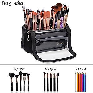 LACATTURA Travel Makeup Brush Case for Women, Tall Cosmetic Brush Holder Bag with Adjustable Dividers, Large Beauty Accessories Organizer Bag, Portable Storage Bag with Shoulder Strap, Black