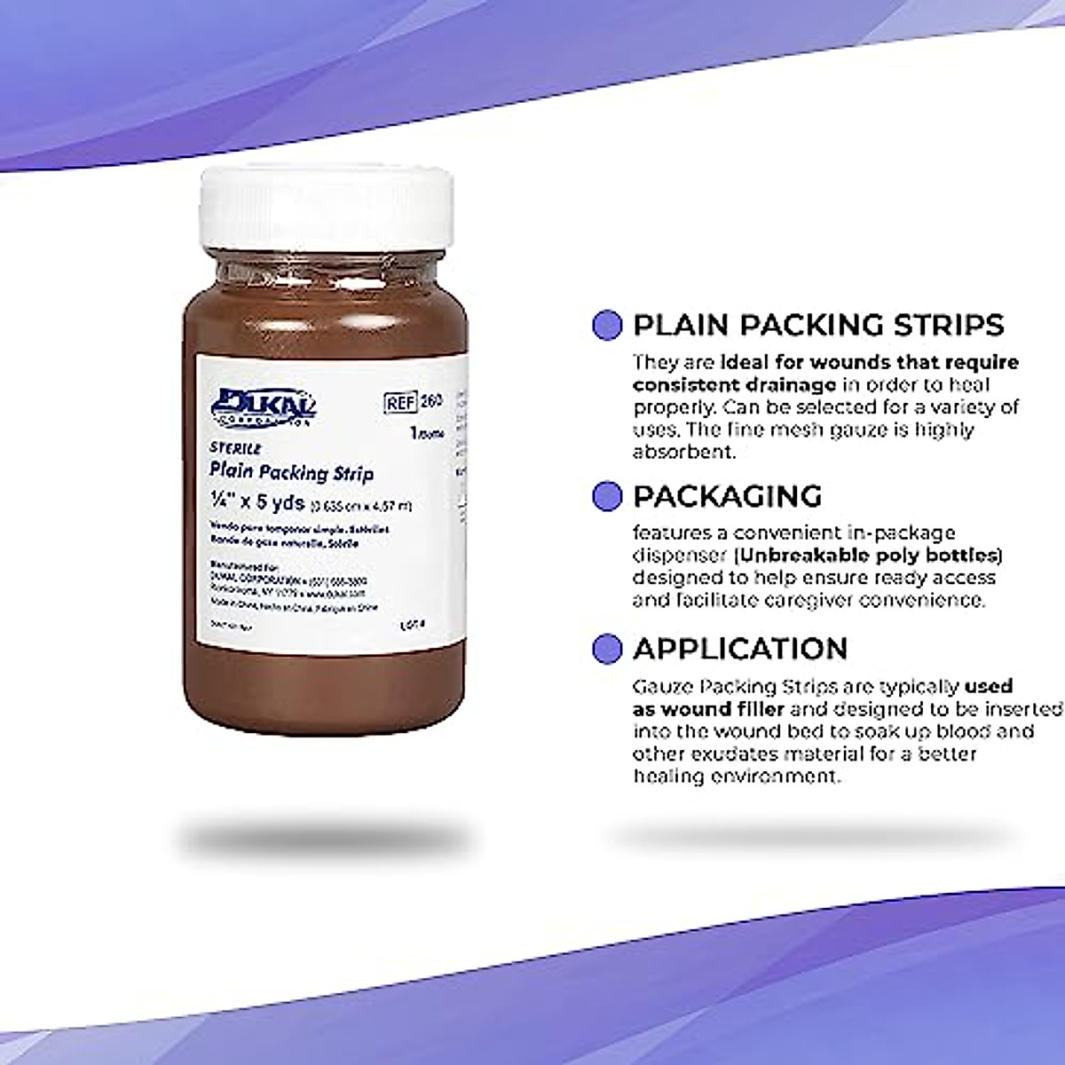 Dukal Plain Wound Packing Strips 1/4" x 5 Yards. Woven Gauze Fabric Packing Strips. Wound Sterile Strips in Unbreakable Poly Bottles. Sterile Packing for Open or Infected Wounds.