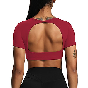 Aoxjox Short Sleeve Crop Tops for Women Clarissa Hollow Back Workout Cropped T Shirt Top (Rumba Red, Small)