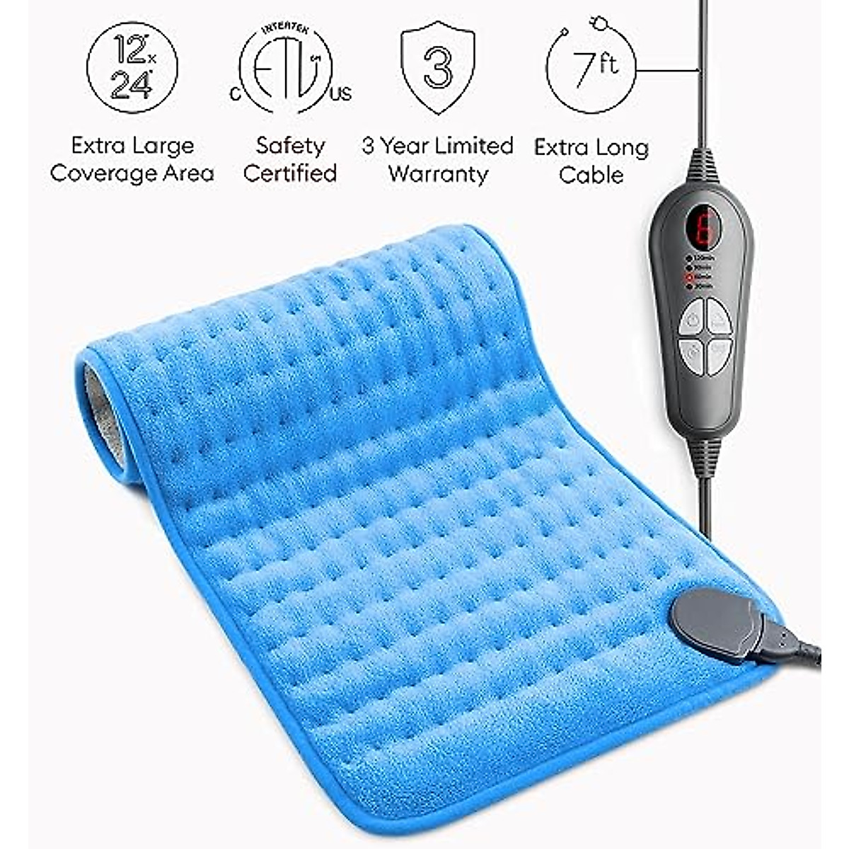 Double Sided XL Electric Heating Pad for Back Pain & Cramps Relief, Heat Pad with 6 Heat Settings, Auto Shut Off, Machine Washable, Ultra Soft, Gifts for Women, Gifts for Men (12"x24" Electric Blue)