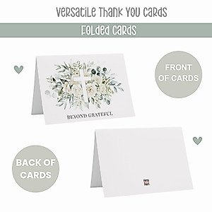 Rustic Elegance Thank You Cards with Envelopes (25 Pack) All Occasion Notecards Perfect for Baptism, Funeral, Religious Ceremonies, Sympathy - White Floral with Cross & Greenery Folded Stationery Set