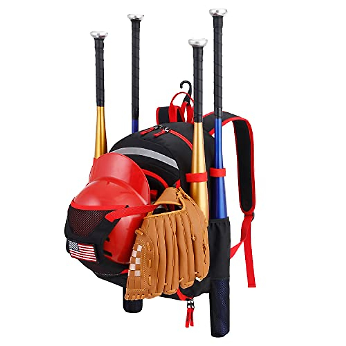 Baseball Bag Softball Bag, Baseball Backpack for Youth Boys and Adult, Bat Bag with Shoes Compartment & Fence Hook, With Hidden External Helmet Holder for Baseball, T-Ball & Softball Equipment & Gear (A-Black)