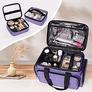BAFASO Large Makeup Bag with 2 Removable Pouches and Detachable Dividers, Multifunctional Cosmetic Bag to Keep Makeup and Hair Supplies (Patent Pending), Purple