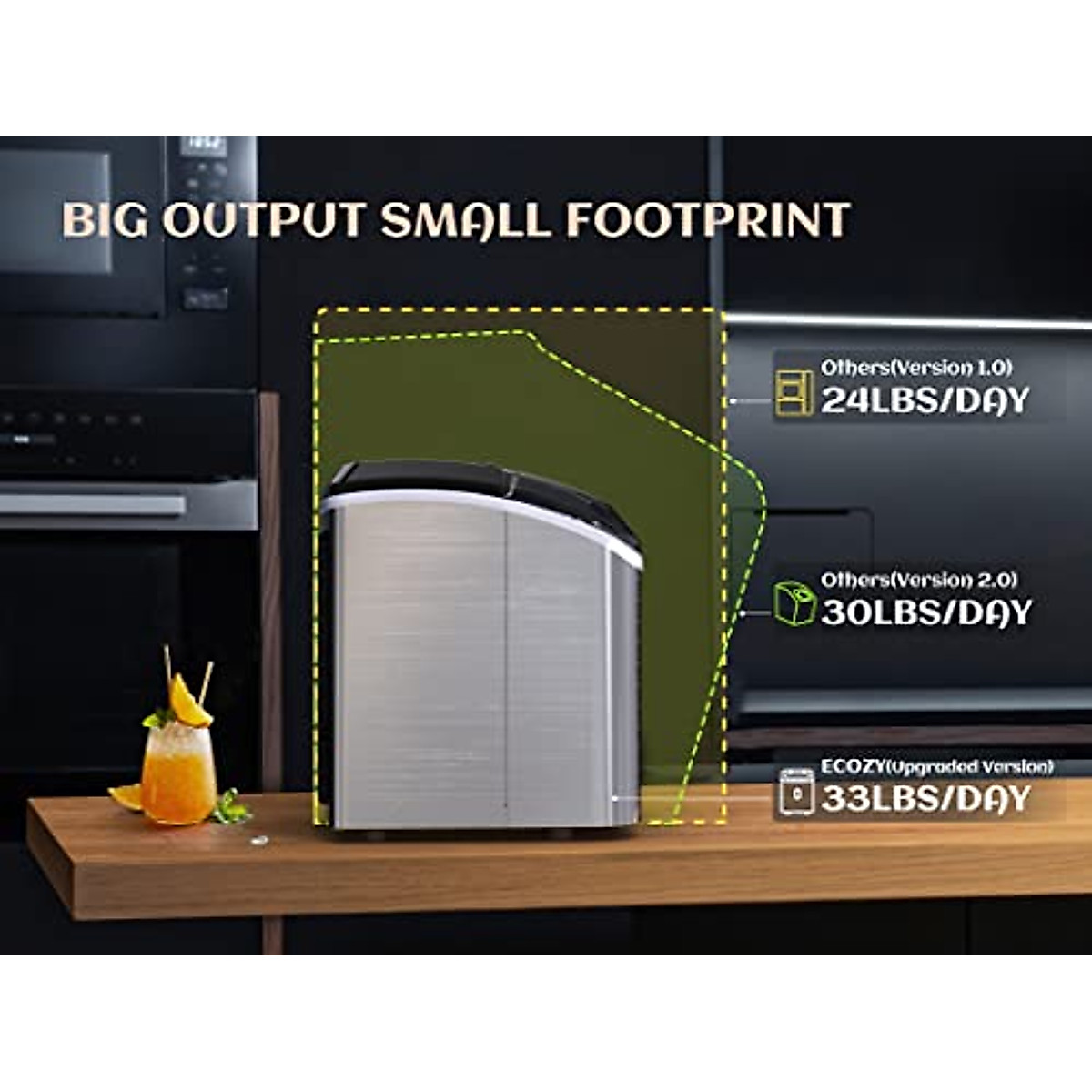 ecozy Nugget Ice Maker Countertop - Chewable Pellet Ice Cubes, 33 lbs Daily Output, Stainless Steel Housing, Self-Cleaning Ice Machine with Ice Bags for Parties, Kitchen, Bar, Office, Silver