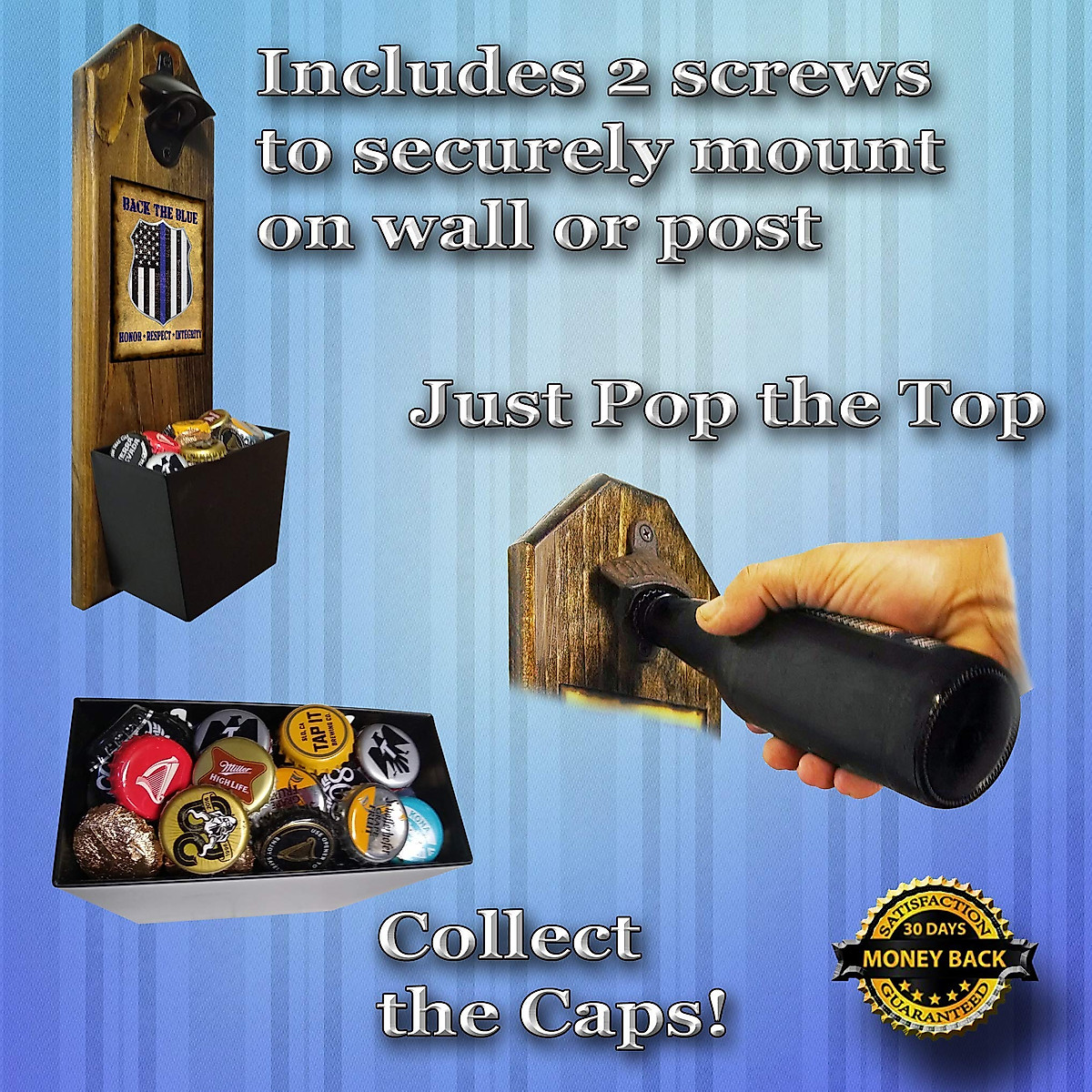 Back the Blue - Law Enforcement - Bottle Opener and Cap Catcher - Handcrafted by a Vet - 100% Solid Pine 3/4" Thick - Unique Rustic Sign, Wall Mounted - Thin Blue Line - Police - Great Gift