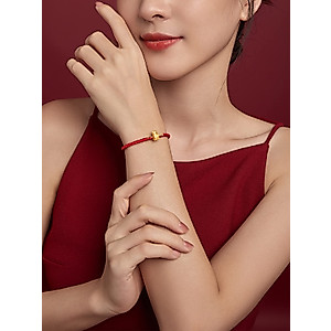 ZHOU LIU FU 24K Solid Gold Bracelets, Real Pure Gold Bracelet Chinese Zodiac Jewelry Adjustable Red Braided Bracelet Rabbit Dragon Dog Piggy with Blessing Idiom for Women Men Girlfriend