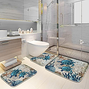 Final Friday Nautical Sea Turtles Blue Ocean Beach Bathroom Rugs and Mats Sets 3 Piece, Memory Foam Bath Mat, U-Shaped Contour Shower Mat Non Slip Absorbent, Velvet Washable 20 x 31 inch
