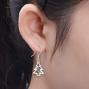 Christmas Tree Dangle Earrings Drop Star S925 Sterling Sliver for Women Colorful CZ Hypoallergenic Piercing Cute Fish Hook Festive Winter Holiday Jewelry Xmas Gift