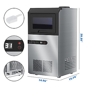 Kikihuose Commercial Ice Maker Machine, 100Lbs/24H Ice Production Under Counter Ice Maker, Tap Water & Top Loading Freestanding Ice Machine, 45 Ice Cubes/Cycle, Include Ice Scoop, Connection Hose