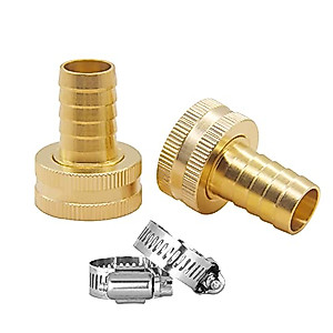 Hooshing 2PCS 3/4" Barb x 3/4" Female GHT Thread Soild Brass Garden Hose Repair Kit Female Hose End Mender Water Hose Connector with Stainless Clamp