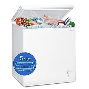 Smad 5.0 Cu Ft Chest Freezer with Removable Basket Free Standing Compact Freezer with Adjustable Temperature Top Open Door Deep Freezer Ideal for Apartment Garage Basement Office RV and Kitchen, White