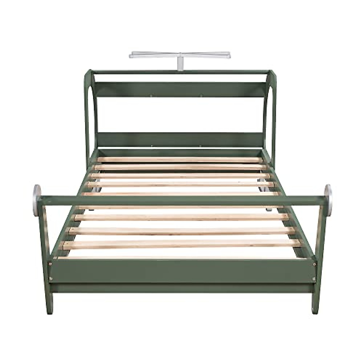 Polibi Helicopter-Shaped Twin Size Platform Bed with Rotatable Propeller and Storage Shelves, Solid Wood Twin Bed Frame, Box Spring No Required, Green