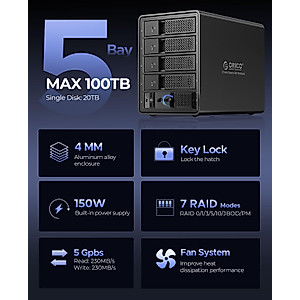 ORICO 5 Bay Raid Hard Drive Enclosure Aluminum USB 3.0 to SATA Hard Drive Tray Less Docking Station Max Up to 100TB Support RAID 0/1/3/5/10/JBOD Single Mode, Designed with Safety Lock-9558RU3