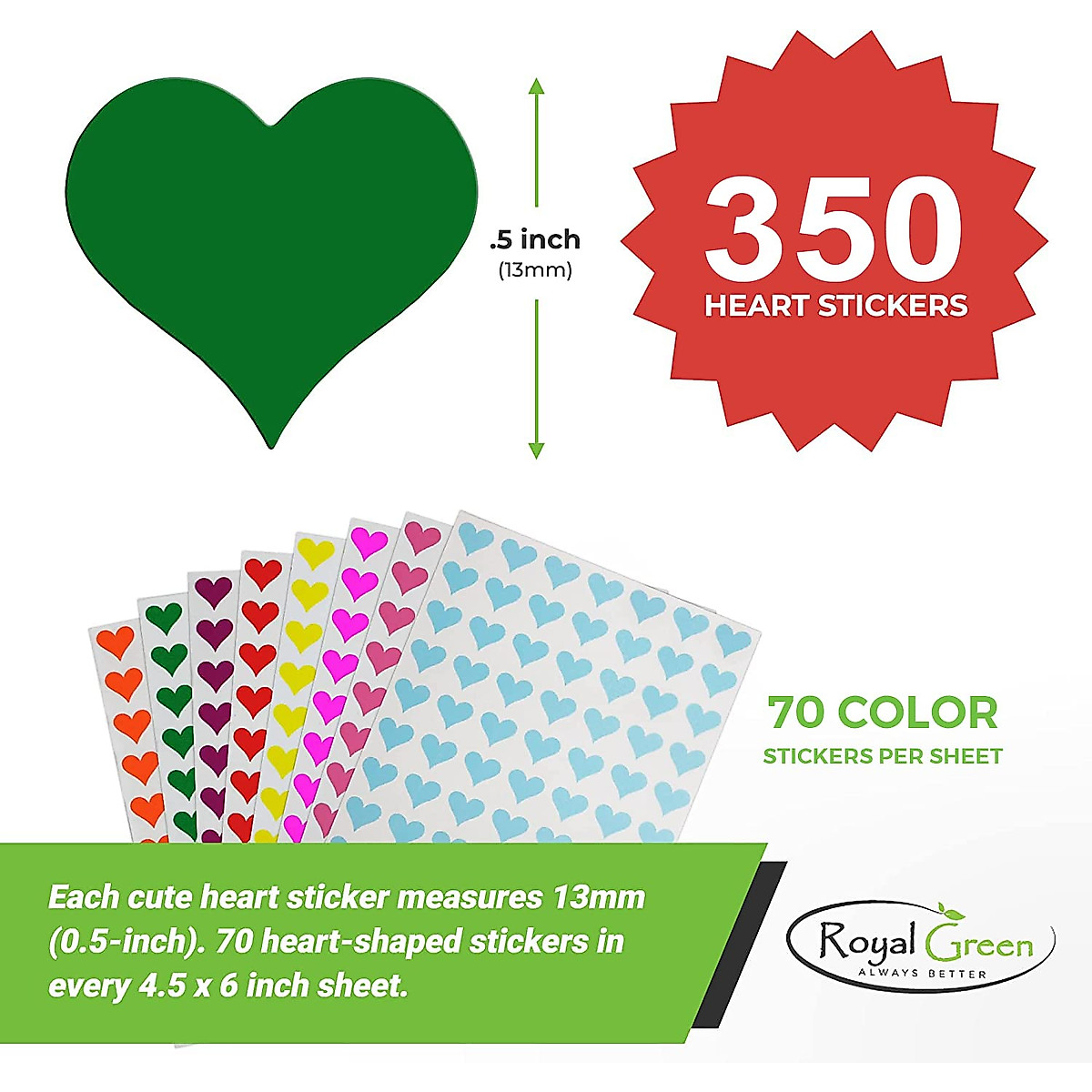 Royal Green Small Heart Stickers - Scrapbooking Stickers, Packaging Stickers, Arts & Crafts Decorative Sticker Labels for Scrapbooks & More - 0.5 inch, 350-Pack (Red)