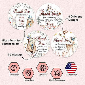 Thank You Baby Shower Stickers - Set of 80 Thank You for Coming Stickers, Preprinted Bridal Shower stickers, Birthday Party Favor Sticker, Self Adhesive Flat Sheet 2 Inch Round Labels LemonTheme Party (Woodland)