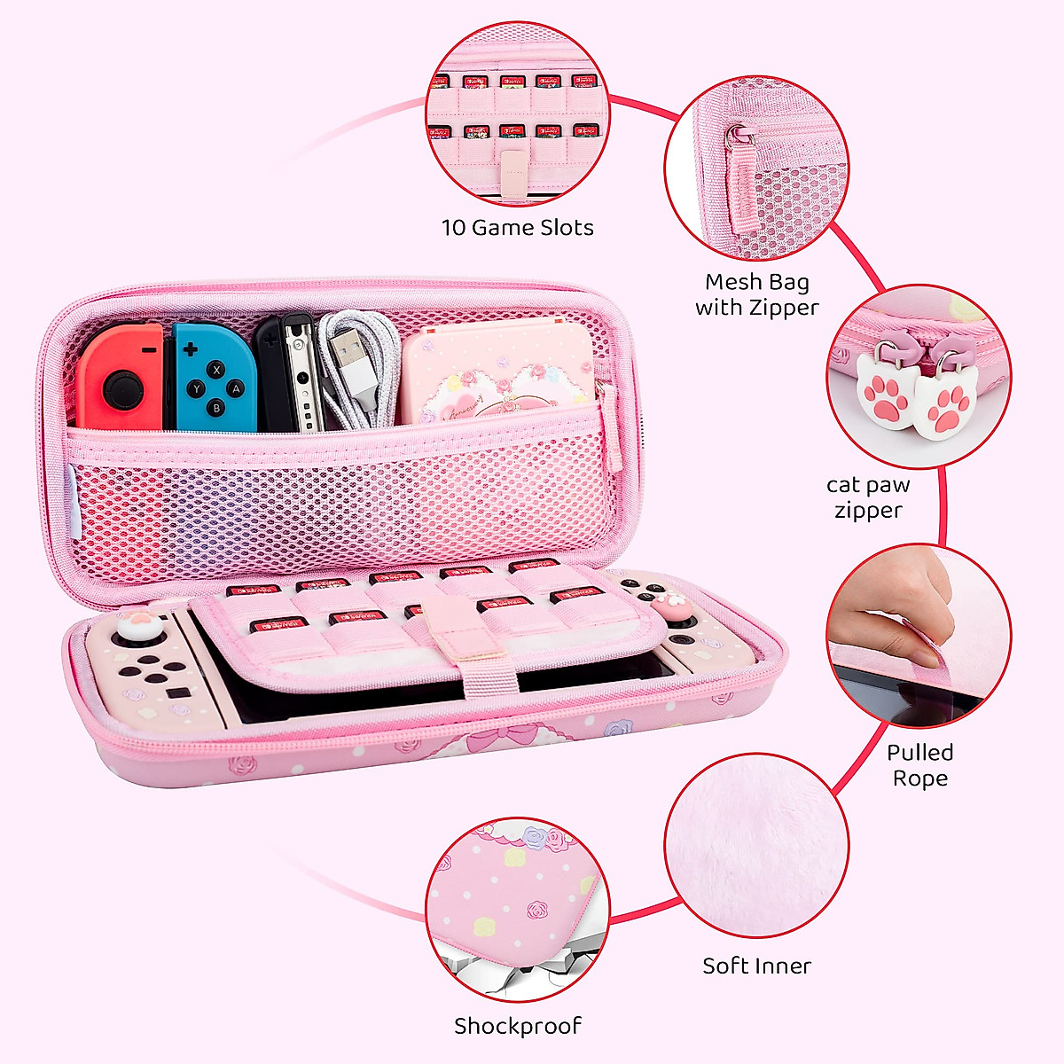 GLDRAM Pink Carrying Case for Nintendo Switch, Cute Anime Accessories Bundle for Cute Girl with Switch Travel Storage, Soft TPU Cover Shell, Screen Protector, Thumb Caps, Shoulder Strap for Girls