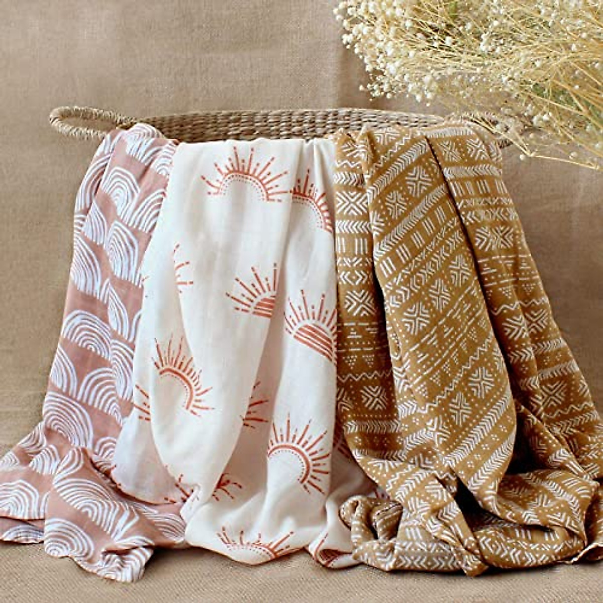 LifeTree 3 Pack Muslin Swaddle Blankets - Soft Bamboo Cotton Baby Swaddle Blankets Unisex for Boys & Girls Newborn - Earthy Color Collection, Lightweight, Breathable, Large 47 x 47 inches