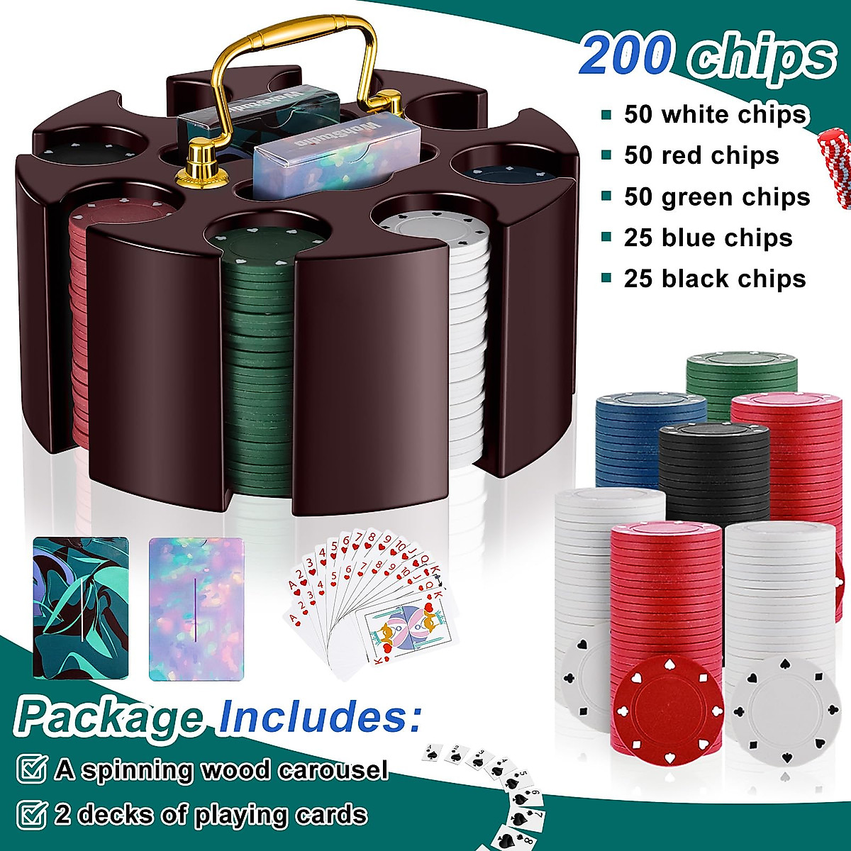 Wettarn Poker Chips Poker Set, 200 Count Rotating Poker Chip Case Wood Carousel Case Holder with 200 Pcs Chips and 2 Decks of Playing Cards for Casino Party Supplies Family Game Gambling Accessory