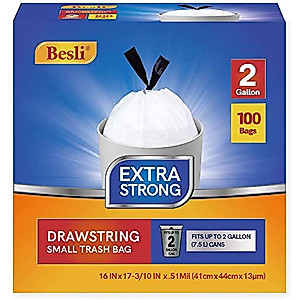 Besli 2 Gallon Drawstring Trash Bag Small Garbage Bag,100 Counts(White, 2 Gallon)